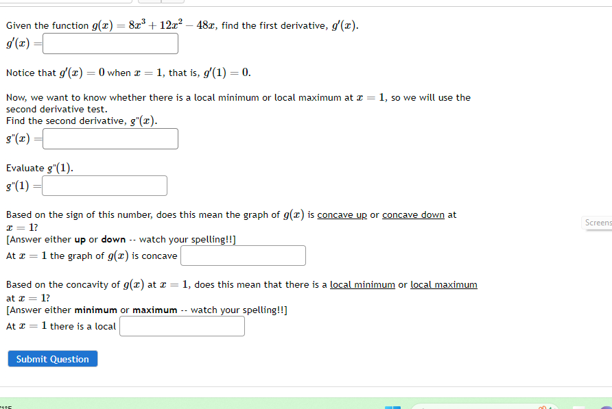 Solved Given the function g(x)=8x3+12x2−48x, find the first | Chegg.com