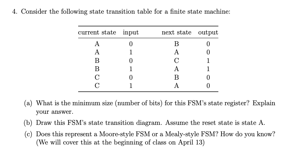 Solved 4. Consider the following state transition table for | Chegg.com