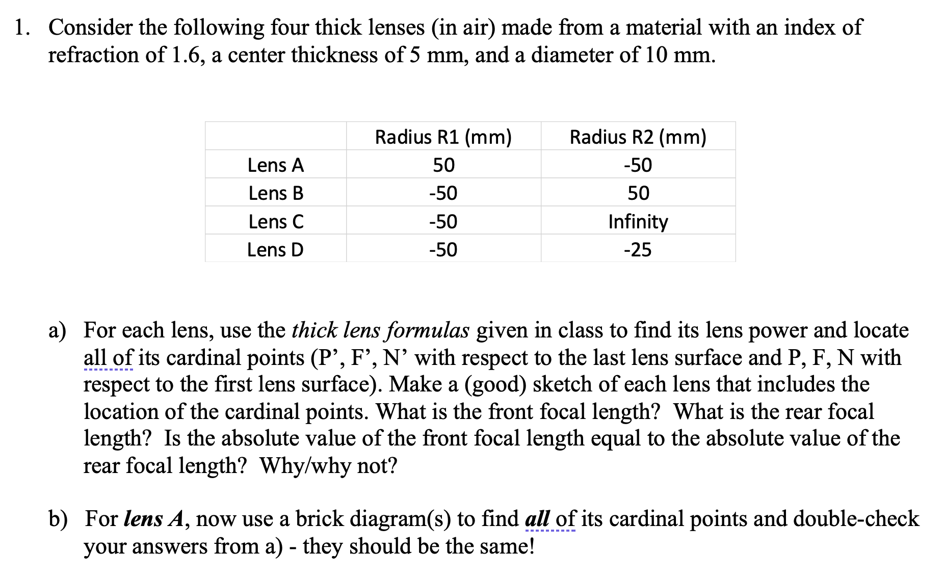Solved Consider the following four thick lenses (in air) | Chegg.com
