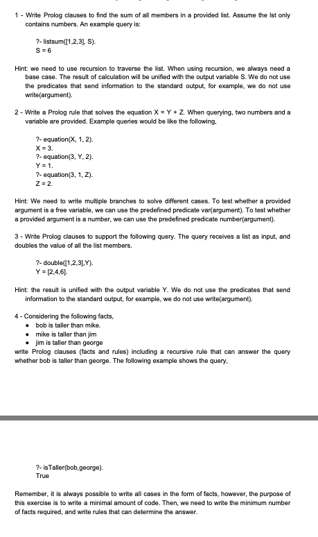 Solved 1 Write Prolog Clauses To Find The Sum Of Al