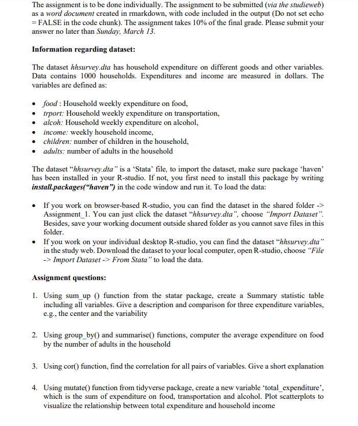 The assignment is to be done individually. The | Chegg.com