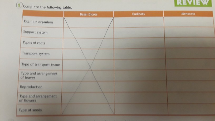 Solved REVIEW Complete the following table. Basal Dicots | Chegg.com