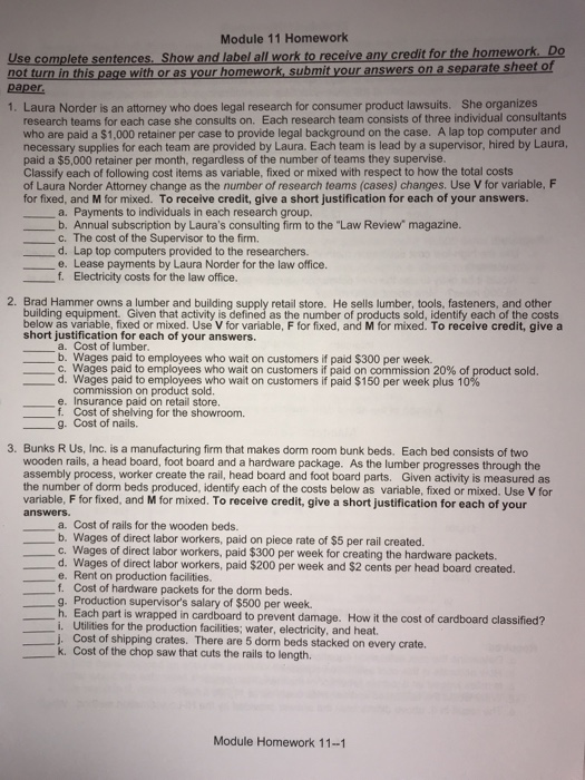 Solved Module 11 Homework Use complete sentences. Show and | Chegg.com