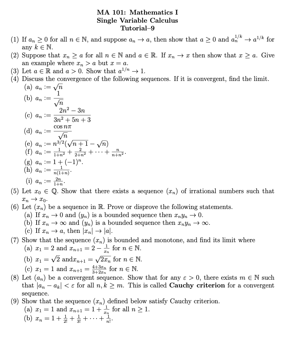 Solved MA 101: Mathematics I Single Variable Calculus | Chegg.com