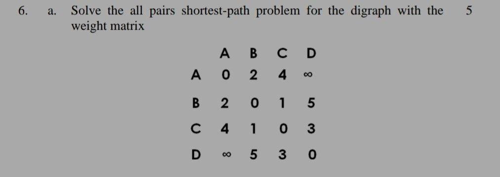 Solved 6. a. 5 Solve the all pairs shortest-path problem for | Chegg.com