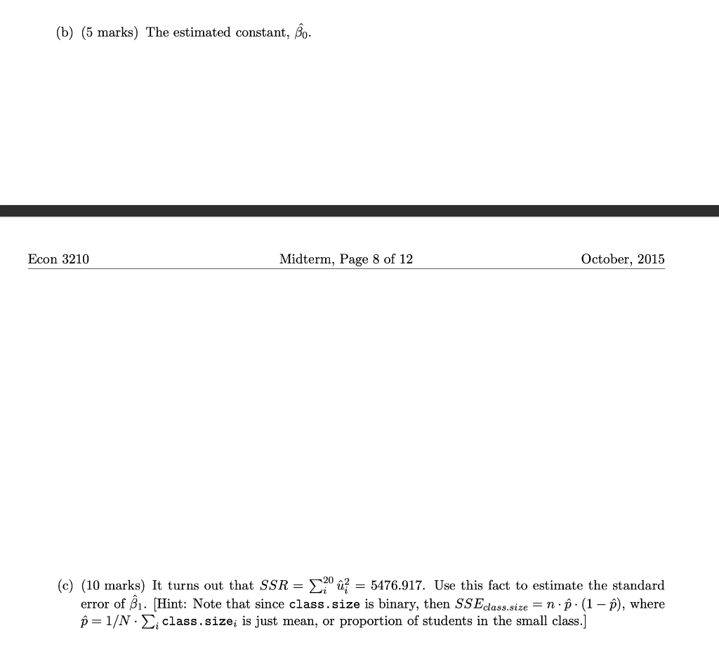 Solved 3. Consider a subset of data from project star: The | Chegg.com