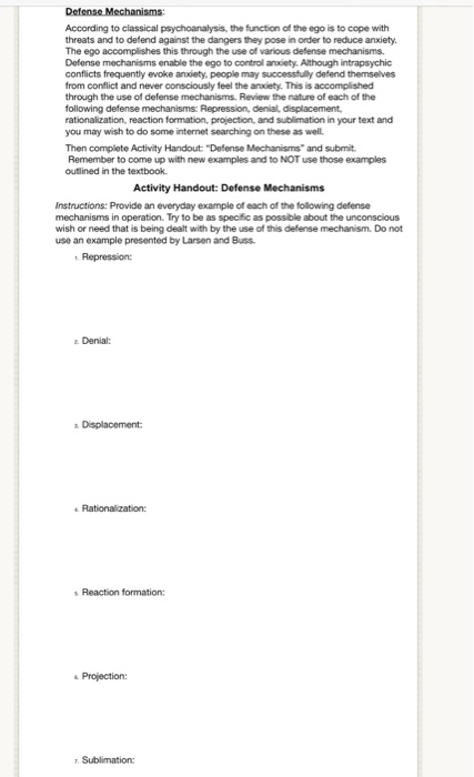 Solved Defense Mechanisms According to classical | Chegg.com