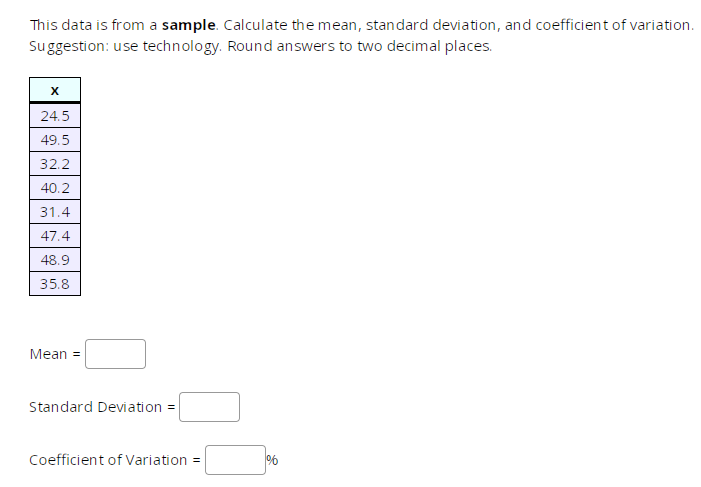 Solved This data is from a sample. Calculate the mean, | Chegg.com