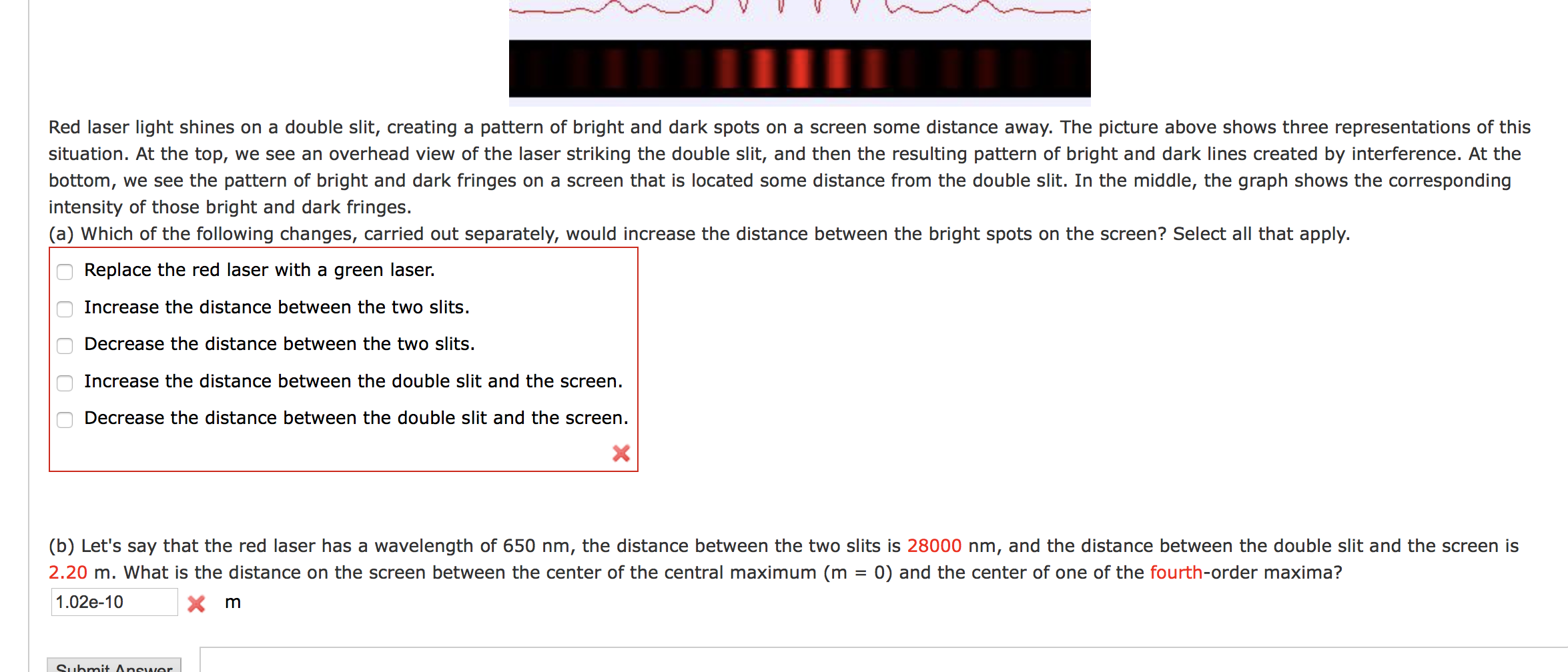 Solved Red laser light shines on a double slit, creating a | Chegg.com