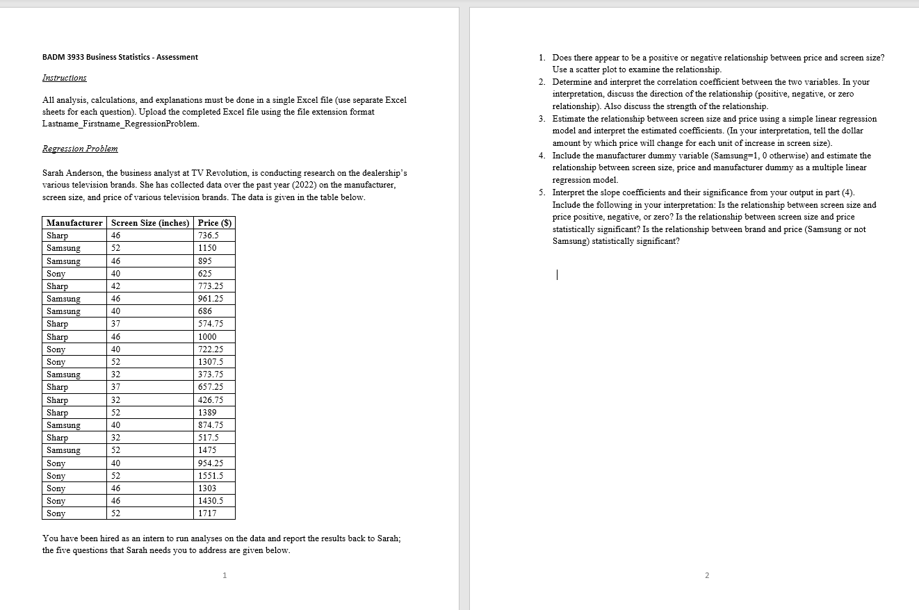 BADM 3933 ﻿Business Statistics - | Chegg.com