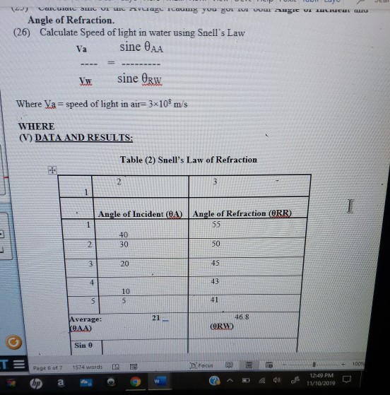 Solved Data Table (2) Snell's Law of Refraction Angle of | Chegg.com