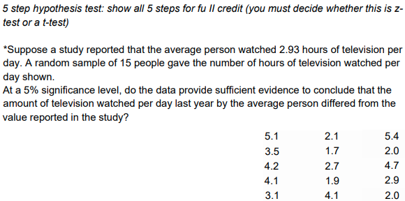 Solved 5 step hypothesis test: show all 5 steps for fu Il | Chegg.com