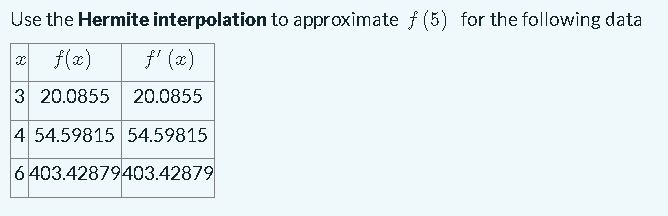 Use the Hermite interpolation to approximate f(5) for | Chegg.com