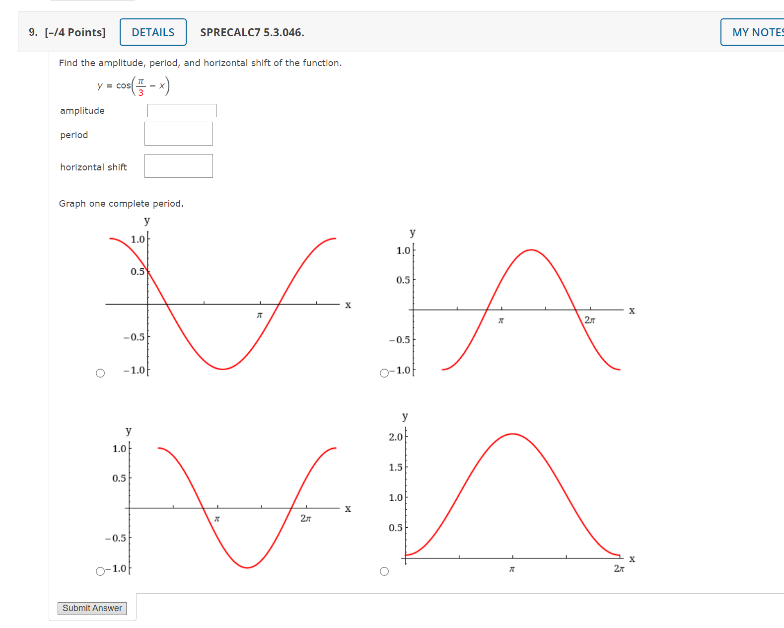 Solved [-/4 Points] SPRECALC7 5.3.046. Find the amplitude, | Chegg.com