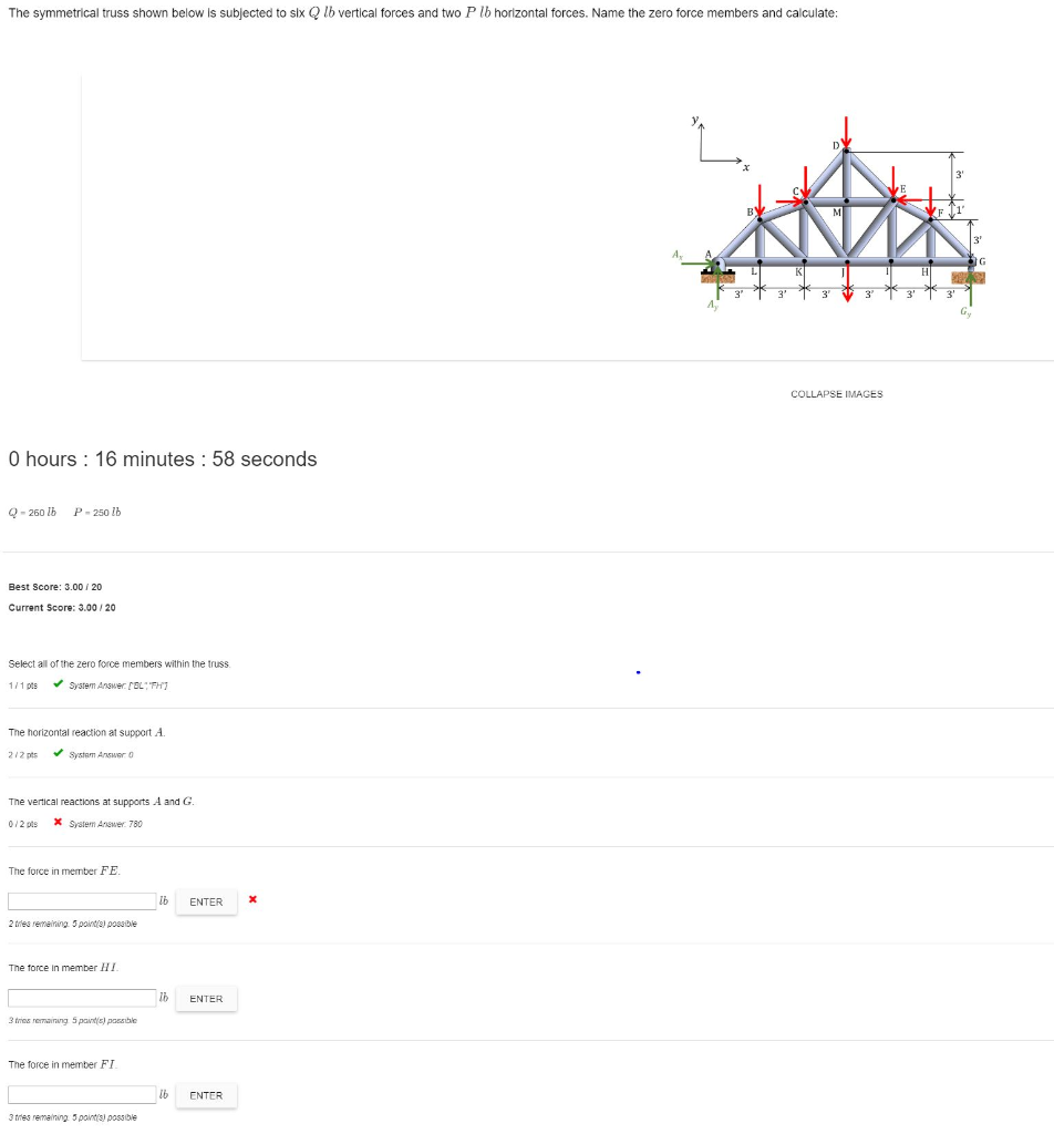 Solved The symmetrical truss shown below is subjected to six | Chegg.com