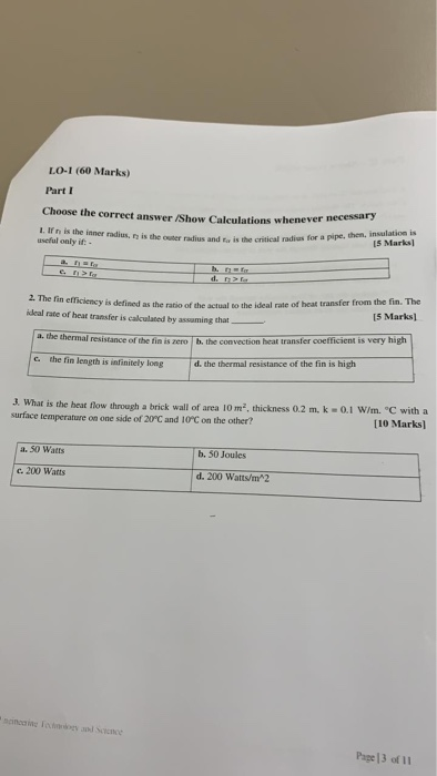 Solved LO-I (60 Marks) Part I Choose the correct answer | Chegg.com