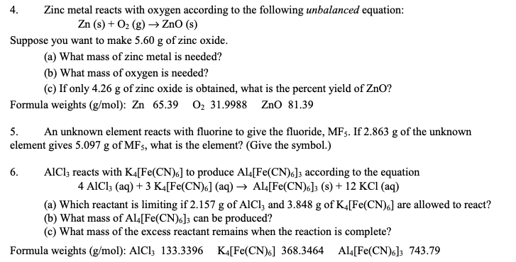 Solved 4. Zinc metal reacts with oxygen according to the | Chegg.com