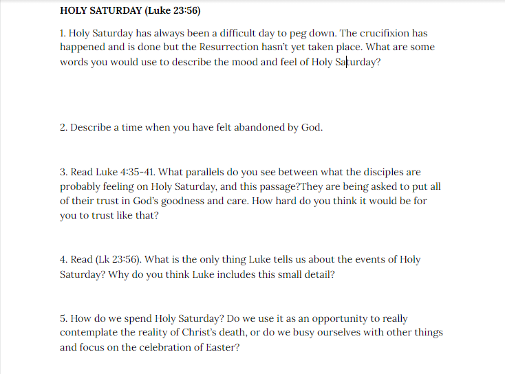 Solved HOLY SATURDAY (Luke 23:56) 1. Holy Saturday has | Chegg.com