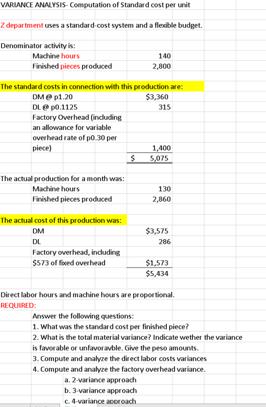 Solved VARIANCE ANALYSIS- Computation of Standard cost per | Chegg.com