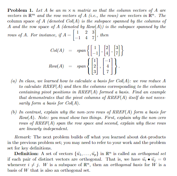 Solved Problem 1. Let A be an m×n matrix so that the column | Chegg.com