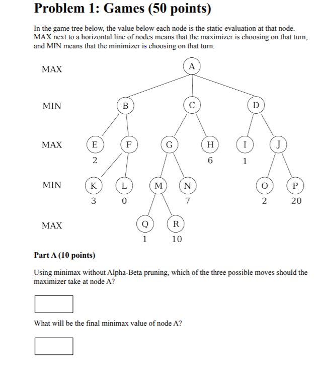 Solved Problem 1: Games (50 points) In the game tree below, | Chegg.com