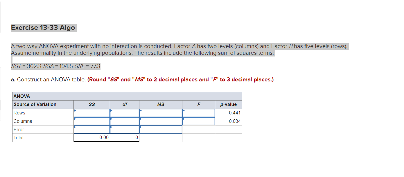 Solved A two-way ANOVA experiment with no interaction is | Chegg.com