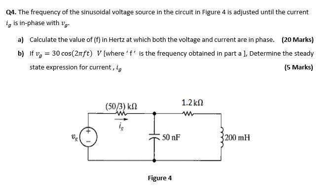 Solved Q4. The frequency of the sinusoidal voltage source in | Chegg.com