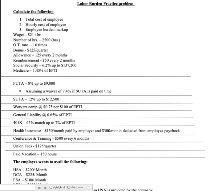 Labor Burden Practice problem Calculate the following | Chegg.com