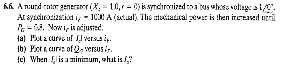 Solved 6.6. A round-rotor generator (Xs=1.0,r=0) is | Chegg.com