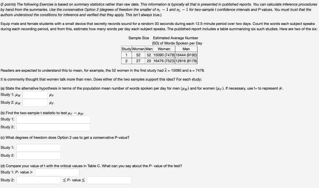 Solved (2 points) The following Exercise is based on summary | Chegg.com