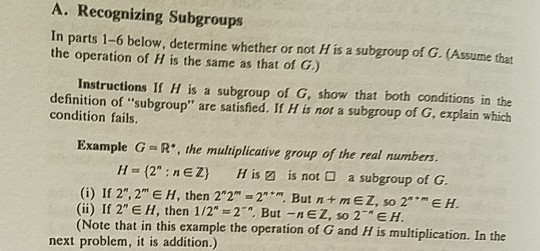 Solved A. Recognizing Subgroups In parts 1-6 below, | Chegg.com