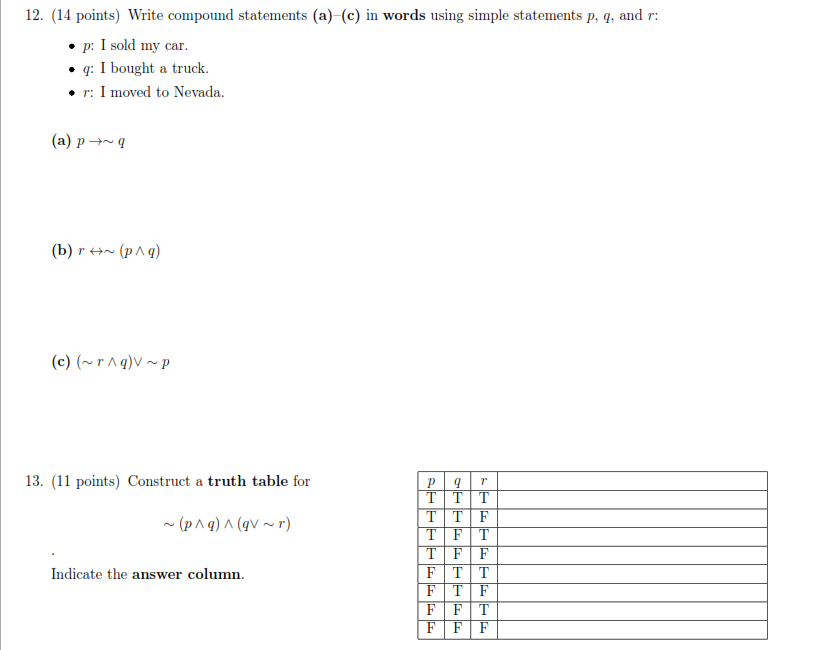 Solved 12. (14 points) Write compound statements (a)-(c) in | Chegg.com
