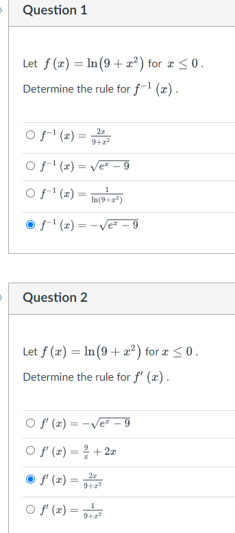 Solved Let f(x)=ln(9+x2) for x≤0. Determine the rule for | Chegg.com