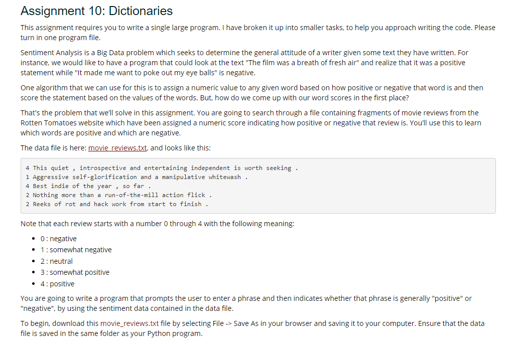 Assignment 10: Dictionaries This assignment requires | Chegg.com