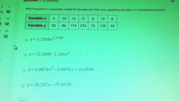 Solved Which equation is a quadratic model for the data set? | Chegg.com