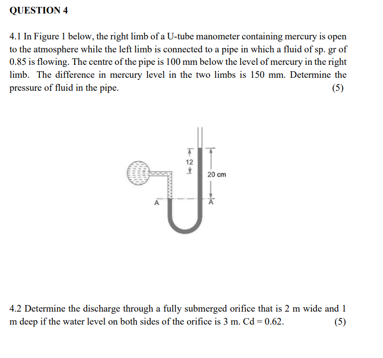 Solved 4.1 In Figure 1 below, the right limb of a U-tube | Chegg.com