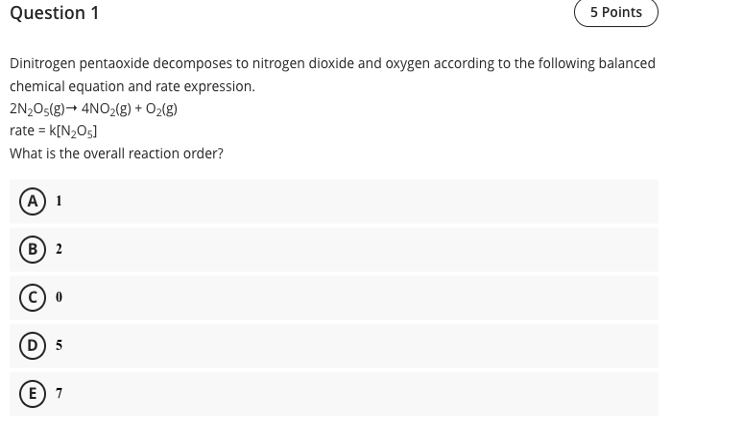 Solved Question 1 5 Points Dinitrogen pentaoxide decomposes | Chegg.com