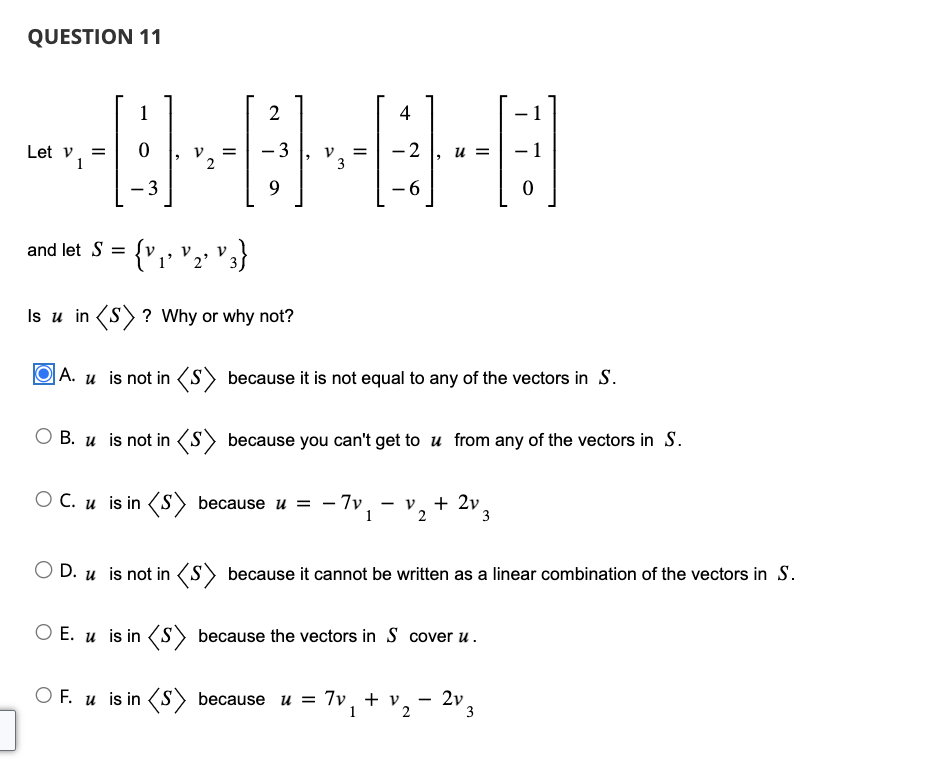 Solved Let v1=⎣⎡10−3⎦⎤,v2=⎣⎡2−39⎦⎤,v3=⎣⎡4−2−6⎦⎤,u=⎣⎡−1−10⎦⎤ | Chegg.com