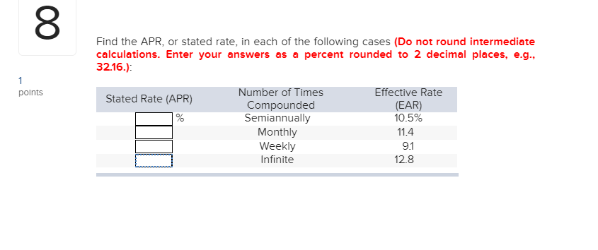 Solved Find the APR, or stated rate, in each of the | Chegg.com