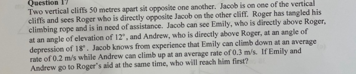 Solved Two vertical cliffs 50 metres apart sit opposite one | Chegg.com