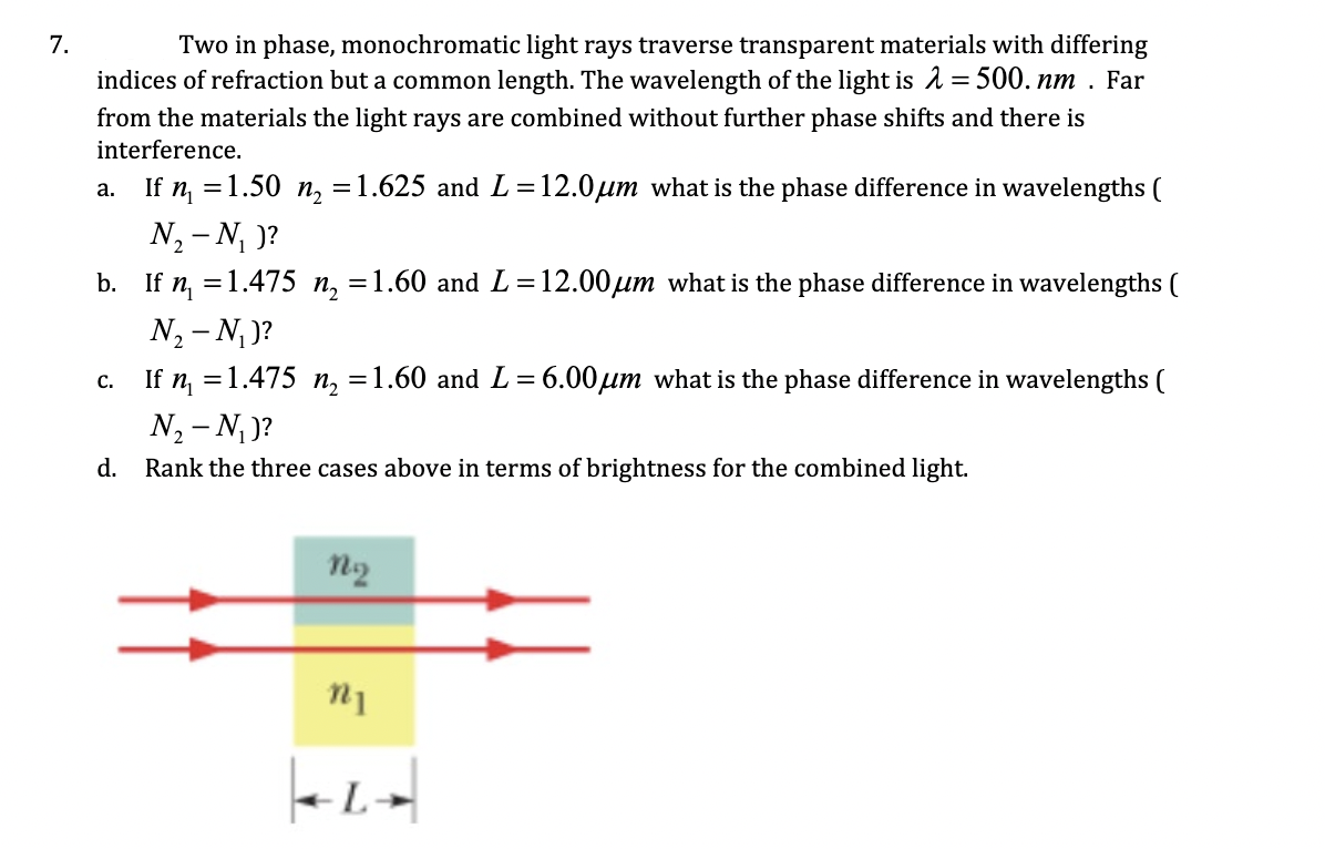 Solved 7. Two in phase, monochromatic light rays traverse | Chegg.com