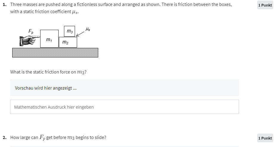 Solved Frage 1 Three masses are pushed along a fictionless | Chegg.com