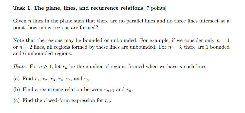 Solved Task 1 The Plane Lines And Recurrence Relations [