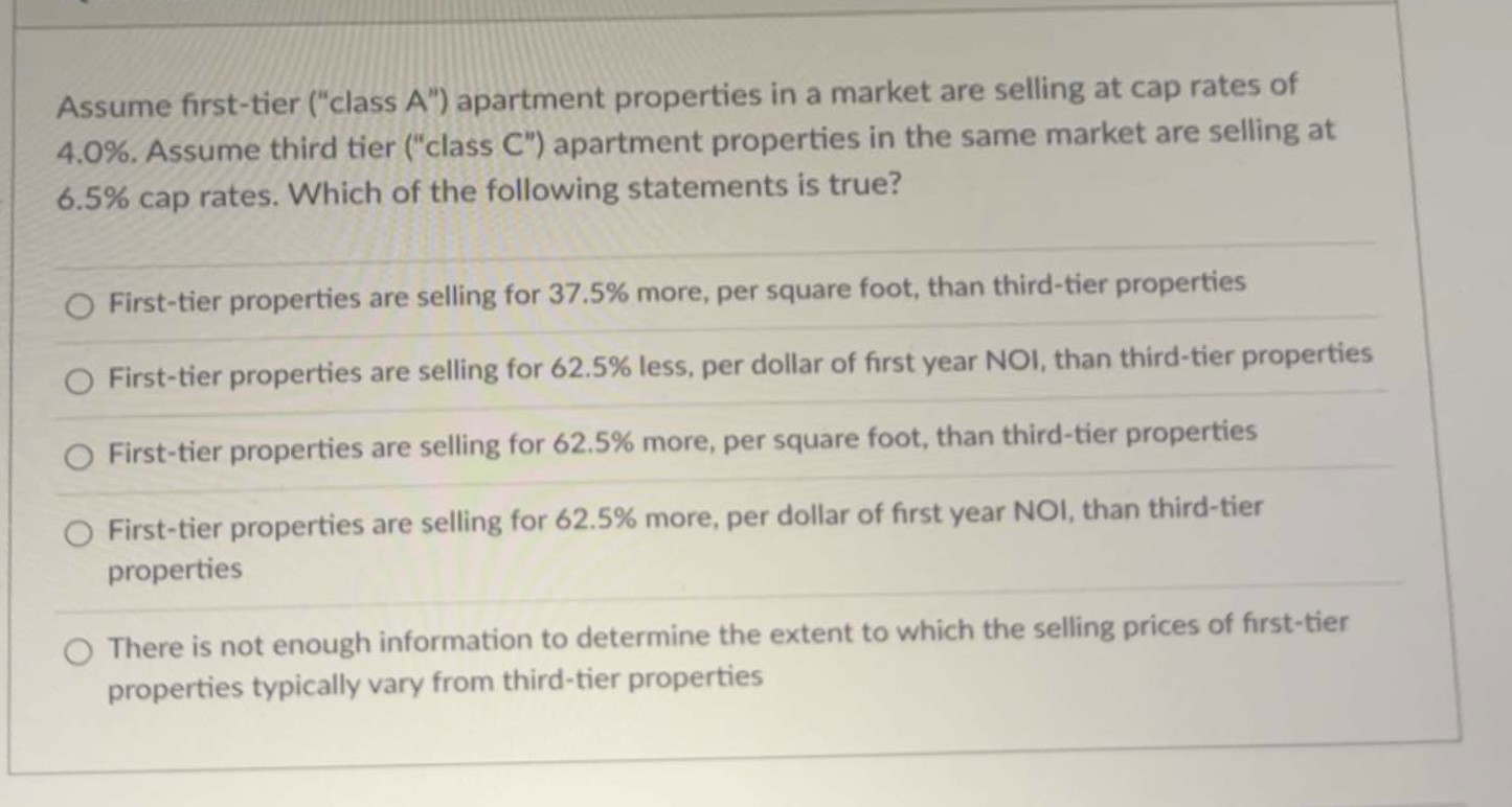 Solved Assume first-tier ("class A") ﻿apartment properties | Chegg.com