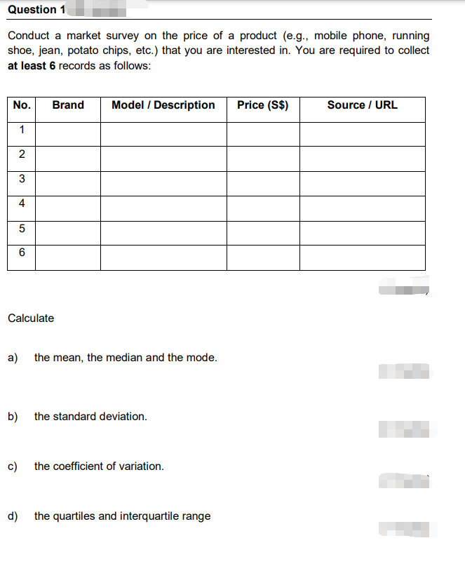 Solved Question 1 Conduct a market survey on the price of a | Chegg.com