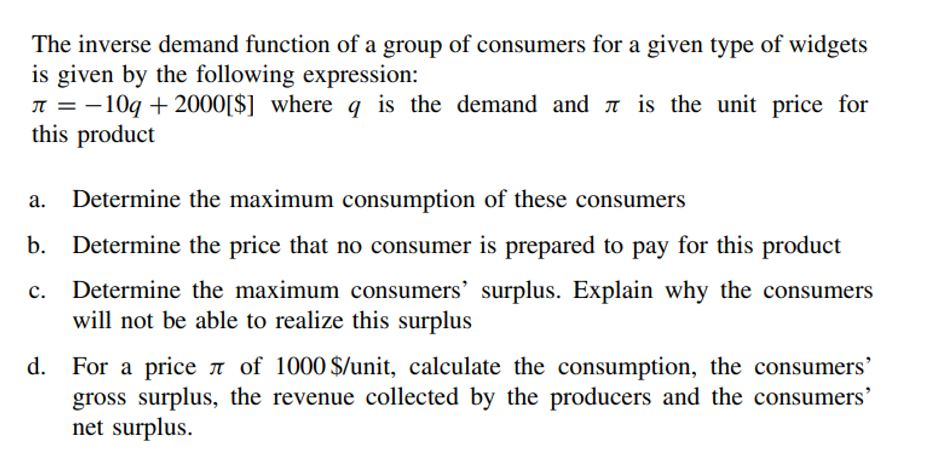 Solved The inverse demand function of a group of consumers | Chegg.com