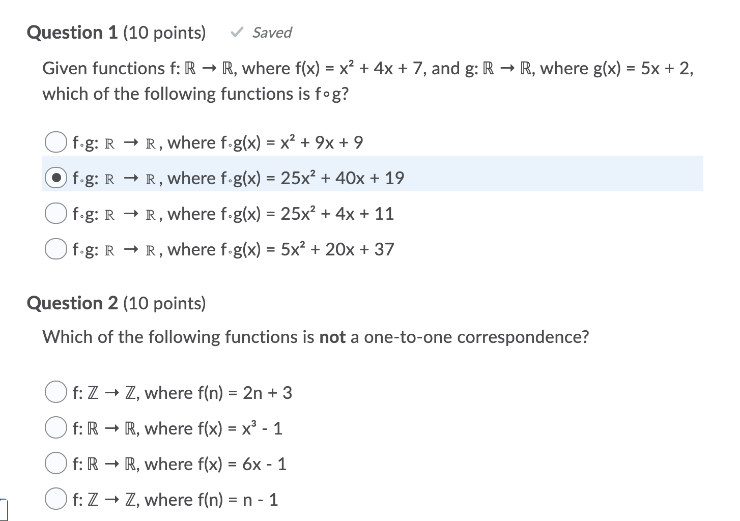 Solved Question 1 (10 points) Saved Given functions f: R R, | Chegg.com