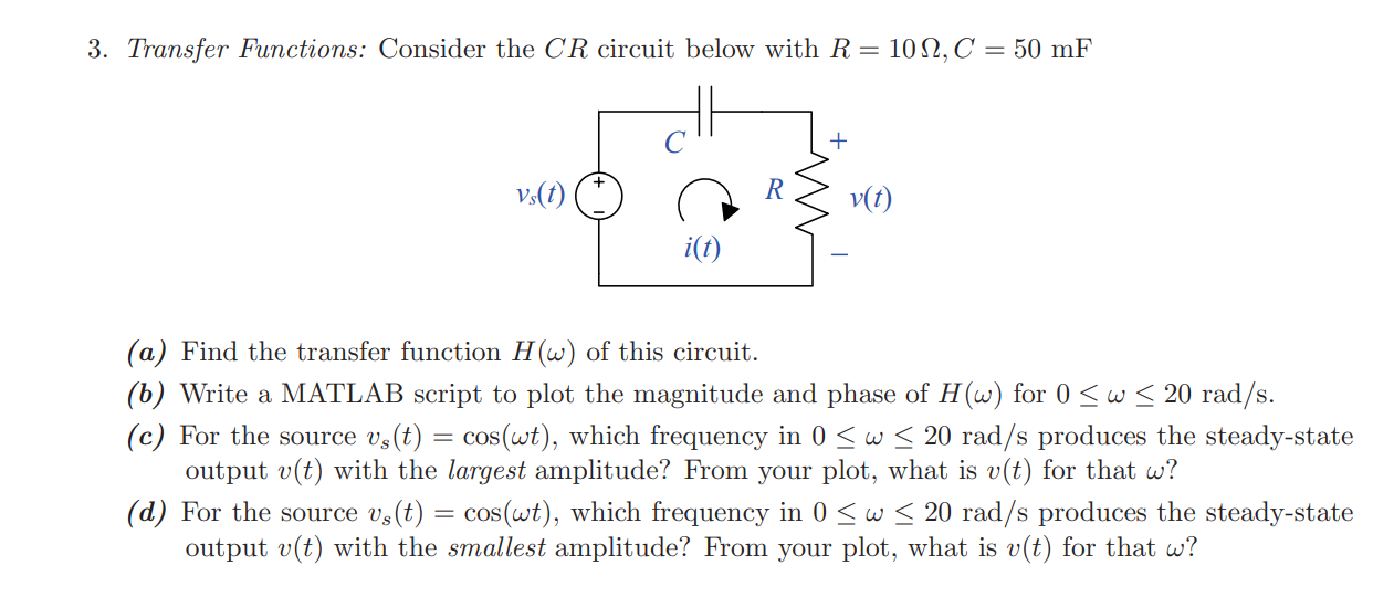Solved 3. Transfer Functions: Consider the CR circuit below | Chegg.com