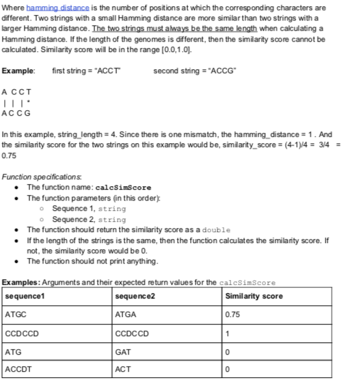 Solved Question 4 (10pt): calcSimScore Write a function | Chegg.com