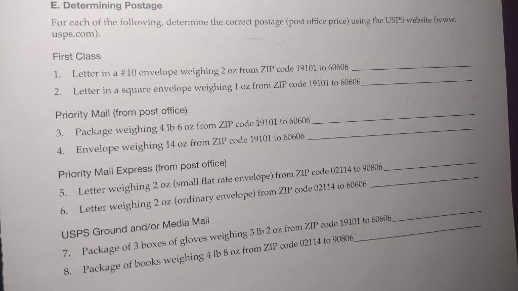 Solved E. Determining Postage For each of the following, | Chegg.com